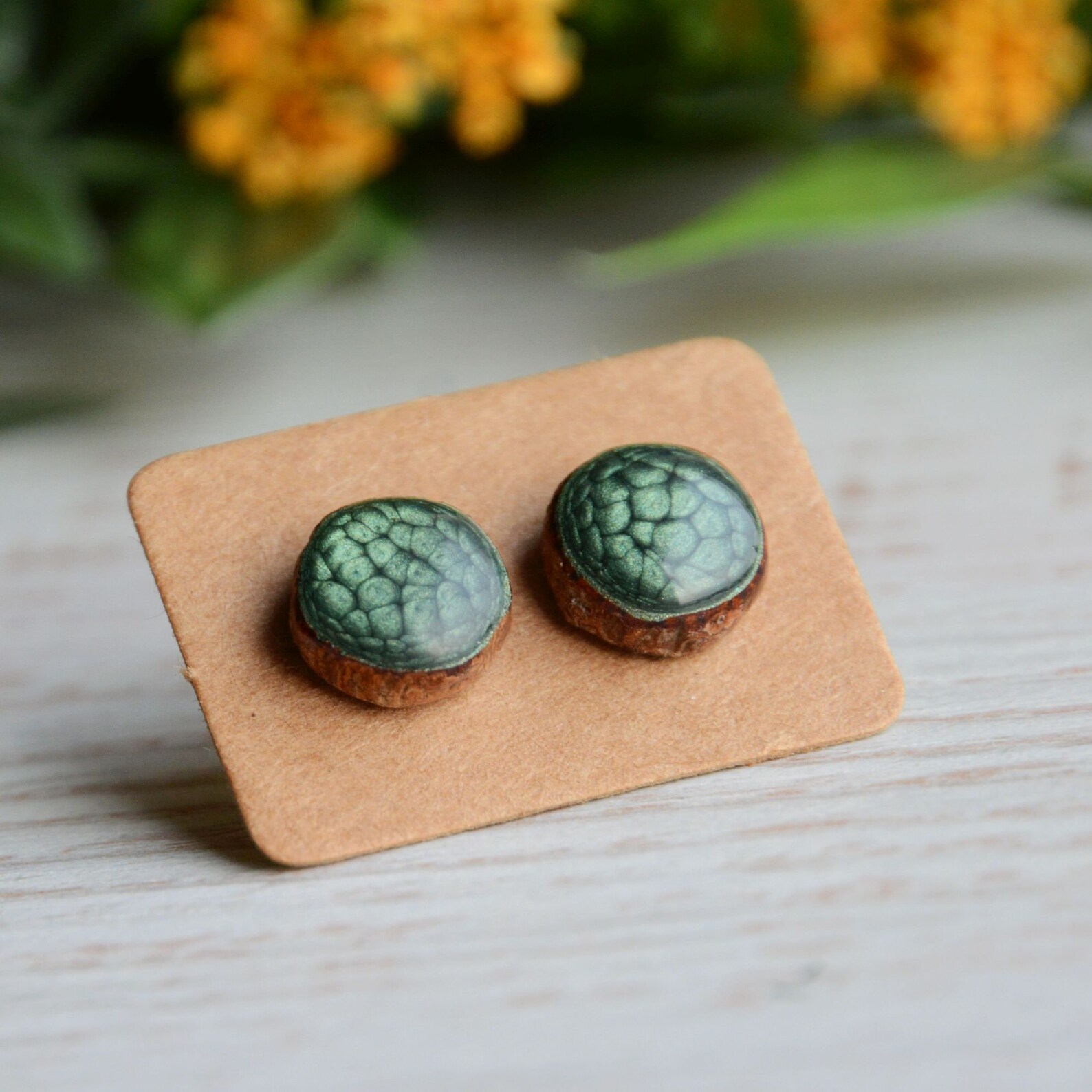 Green Stud Earrings Wooden Studs Posts Hand Painted Leafy | Etsy