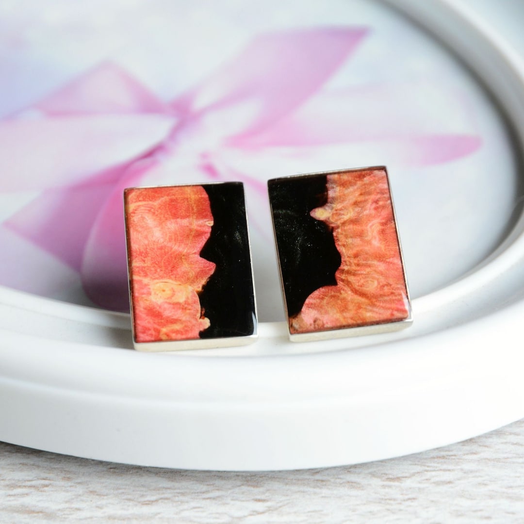 Rectangular Ear Studs, Statement Wood and Resin Earrings, Large Pink ...