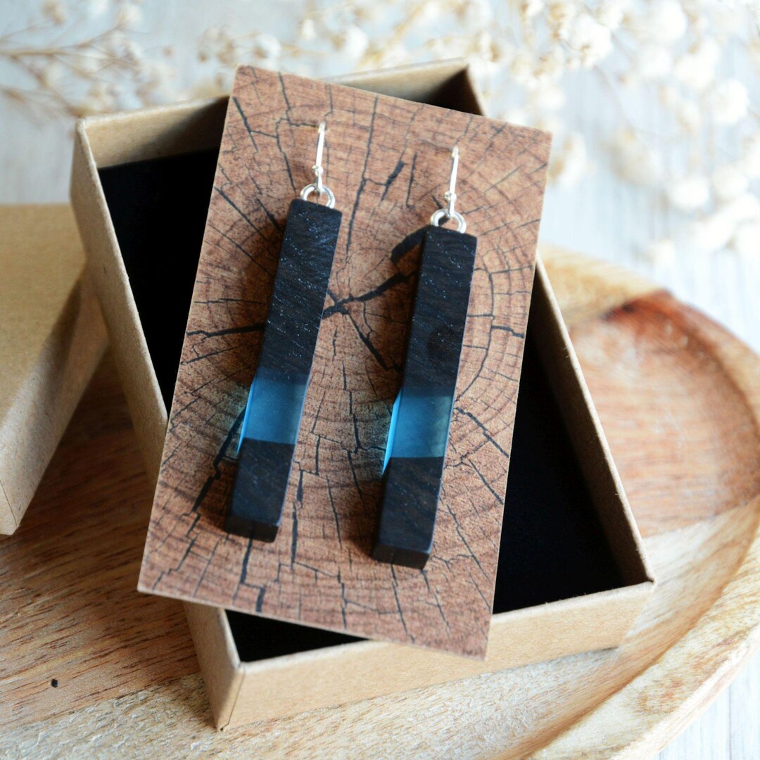 Dangle Bar Wooden Earrings Black Oak and Sterling Silver, Long Black ...