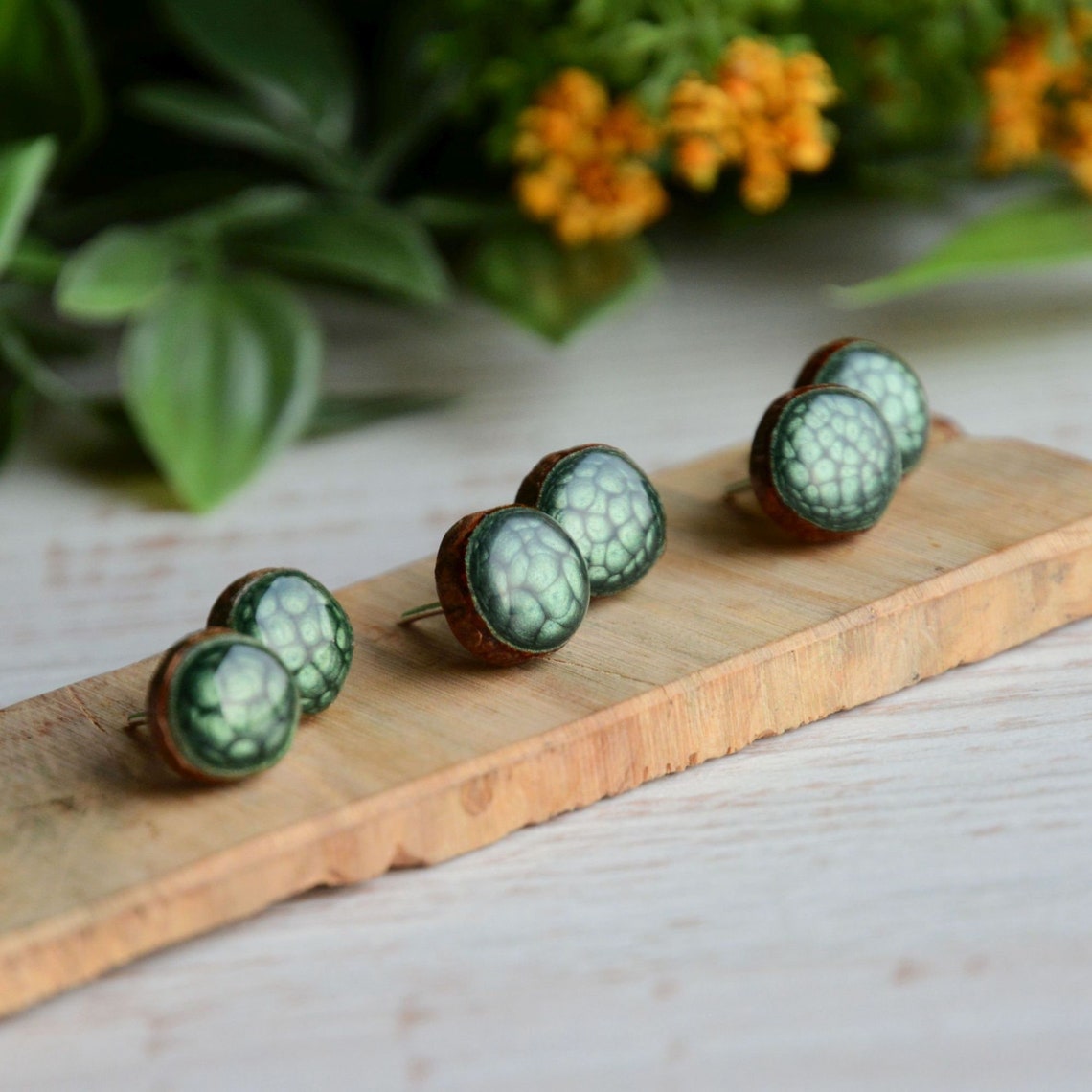 Green Stud Earrings Wooden Studs Posts Hand Painted Leafy | Etsy