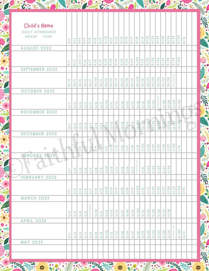 Homeschool Attendance Canva Template - Floral - Etsy