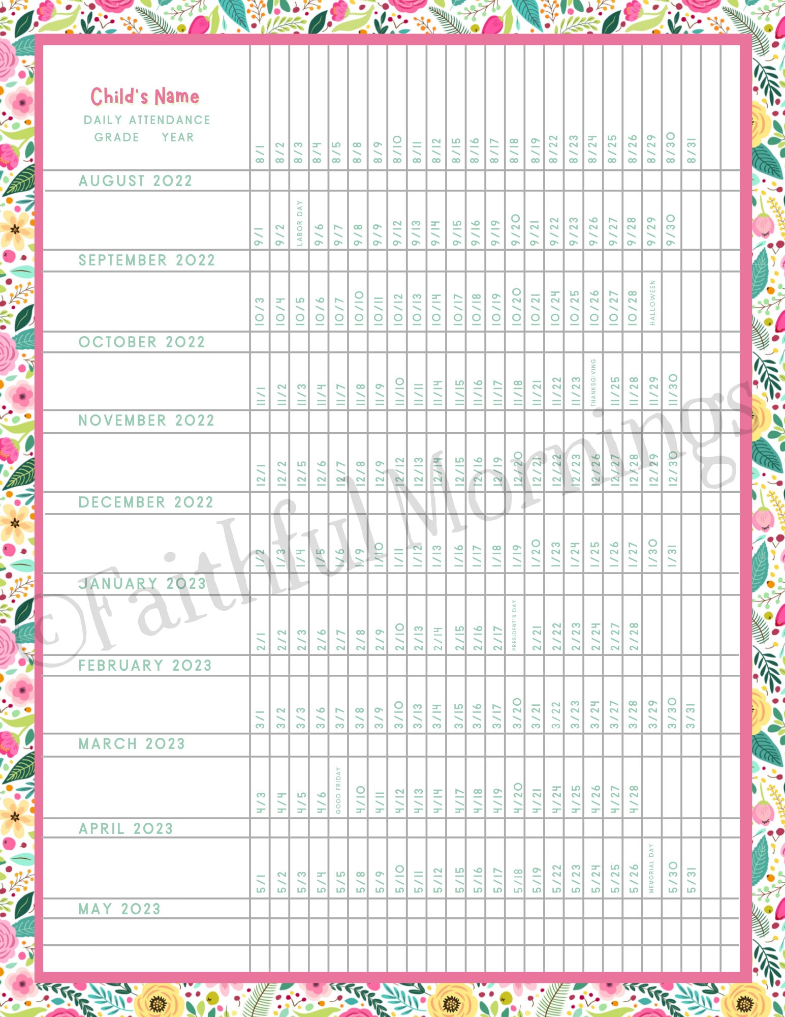 Homeschool Attendance Canva Template - Floral - Etsy