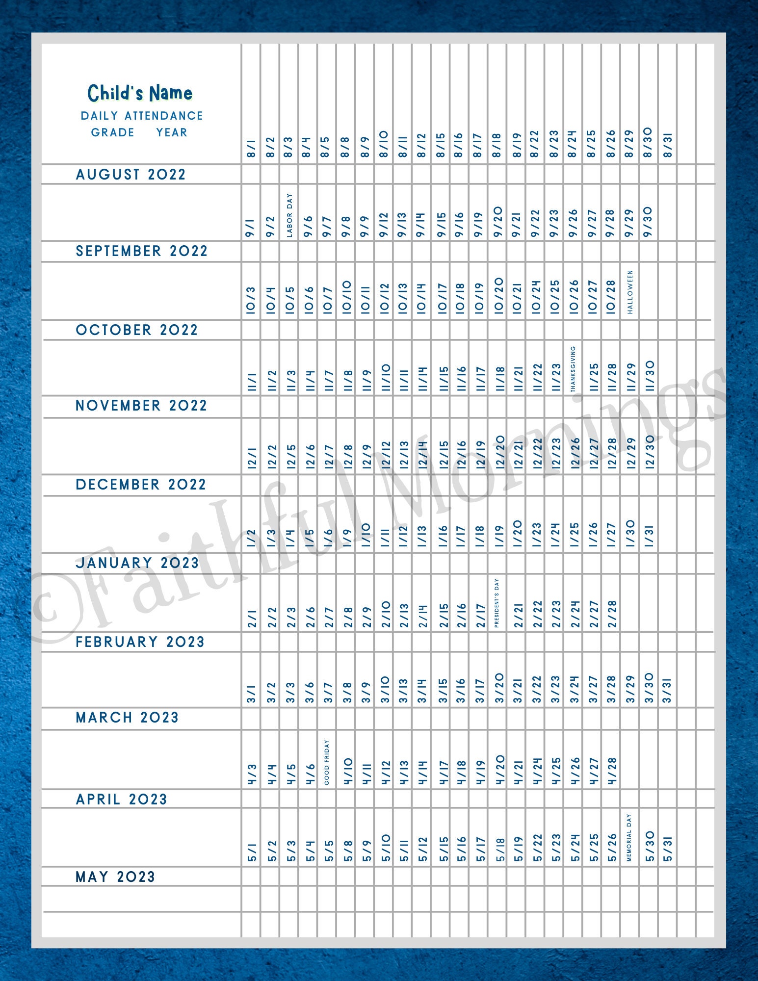 Homeschool Attendance Canva Template - Blue - Etsy