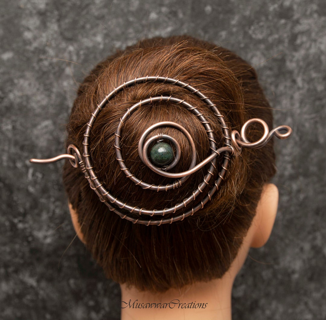 Antique Copper Spiral Bun Cage ,chrysocolla Azurite Hair Bun Holder ...