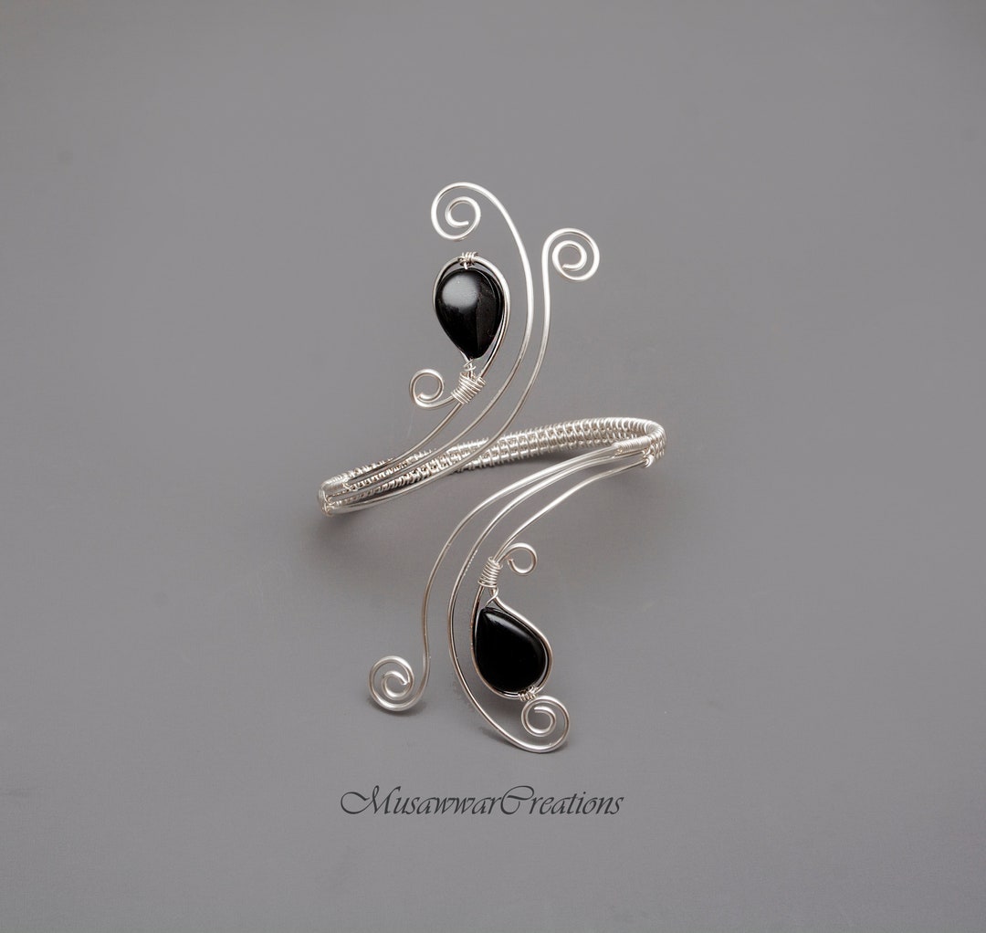 Silver Plated Arm Cuff, Black Agate Upper Arm Cuff ,handmade Black ...