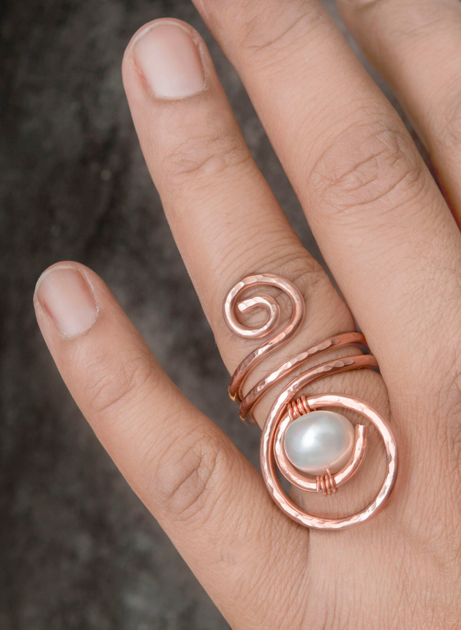 Pearl Statement Copper Ring ,hammered and Textured Copper Wire Ring ...