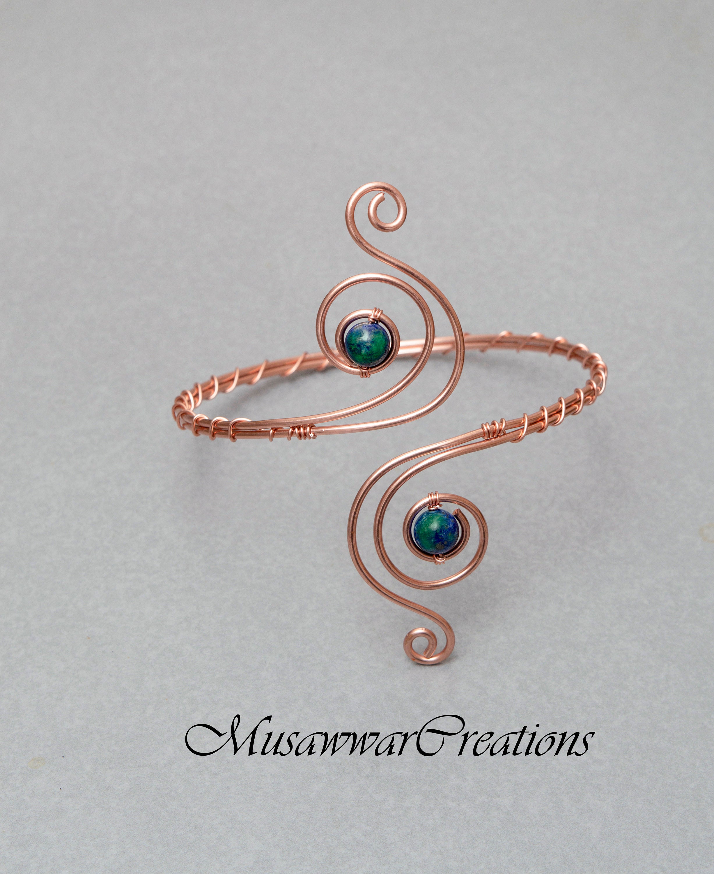 Boho Copper Upper Arm Cuff With Azurite, Wire Wrapped Armlet, Spiral ...