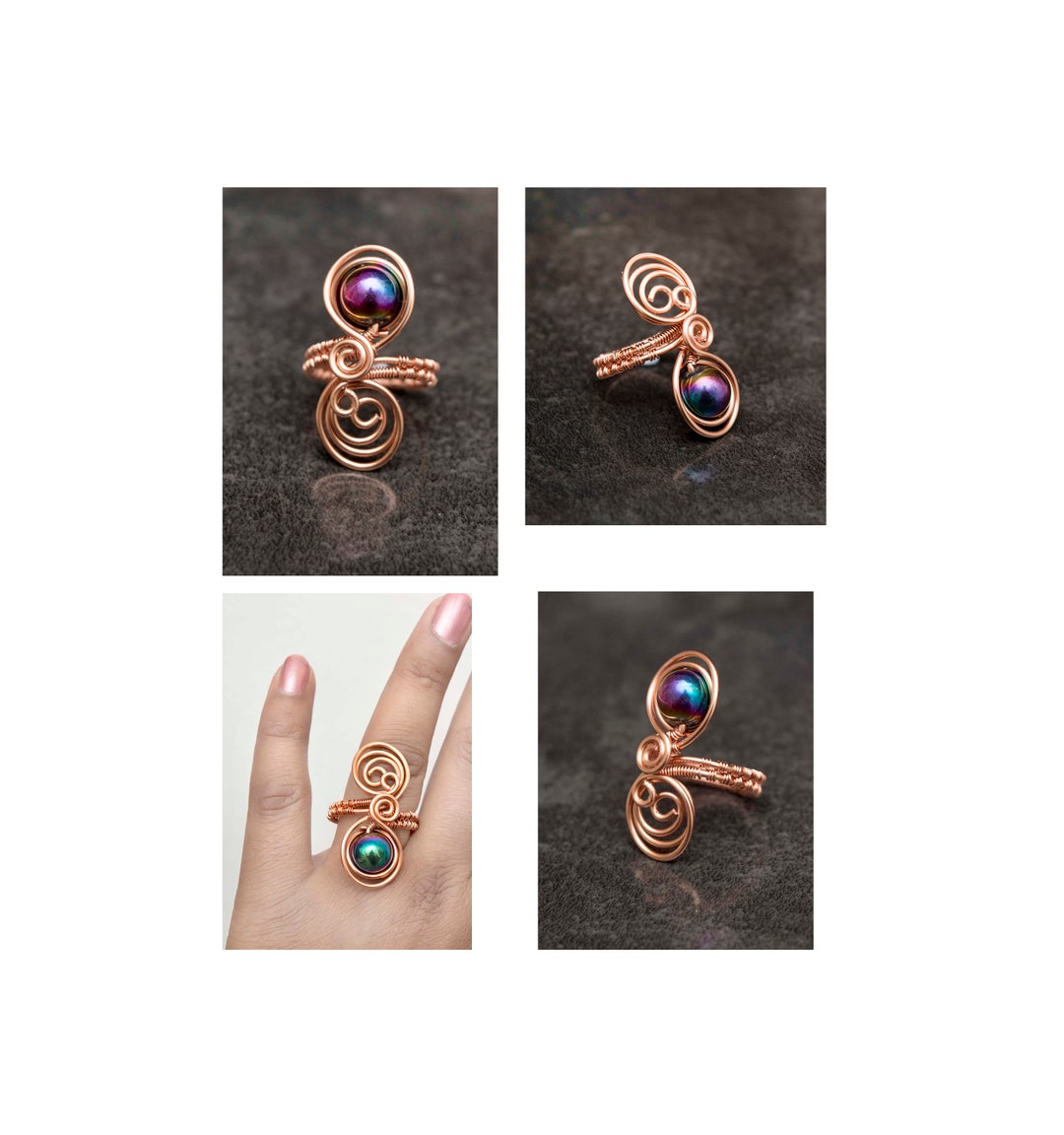Copper Ring,rainbow Black Agate Copper Ring, Adjustable Rings, Copper ...