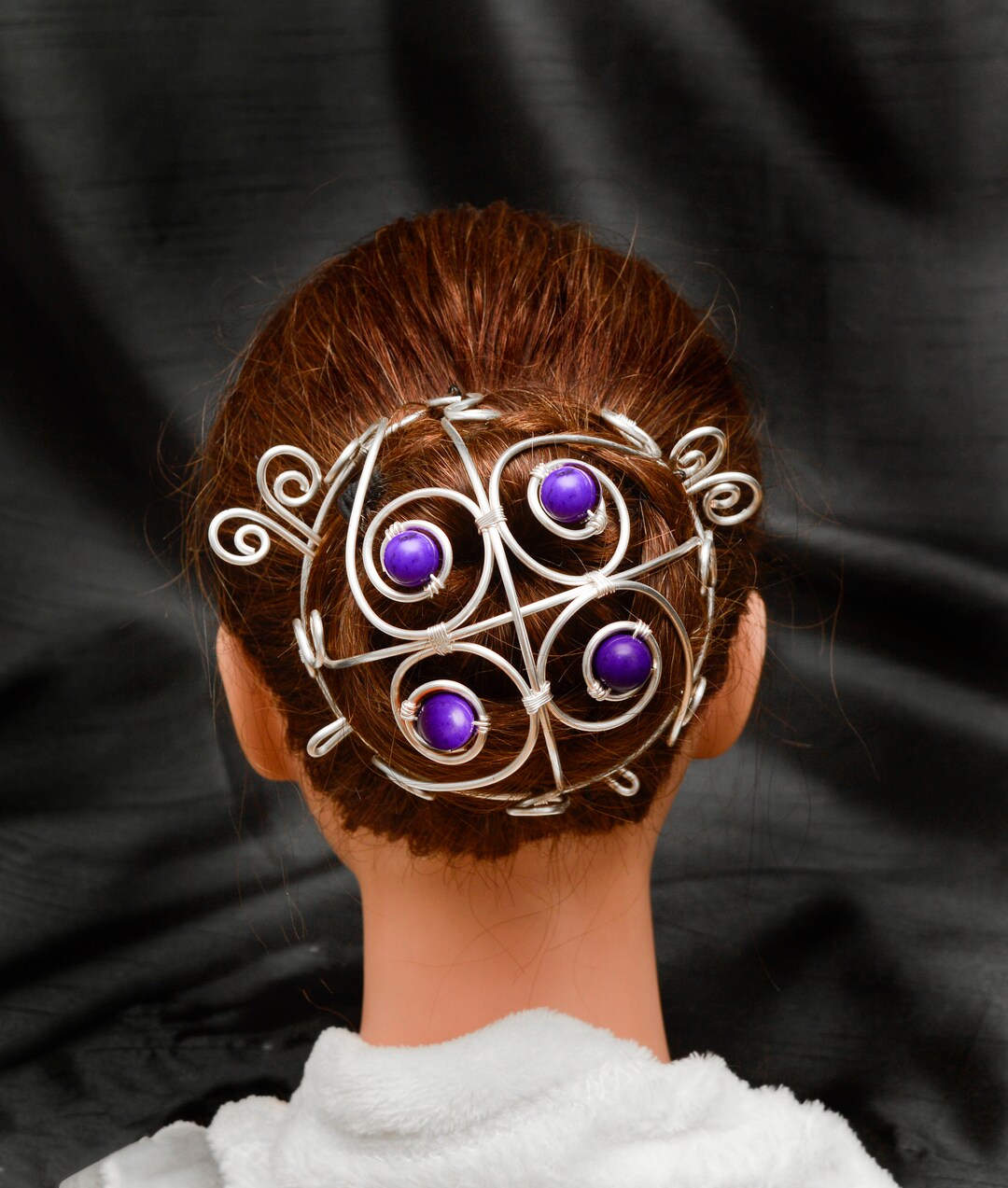 Purple Agates Silver Spiral Design Silver Bun Cage ,hair Bun Holder ...