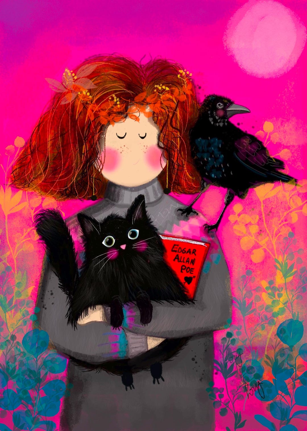 Girl Black Cat, Crow Edgar Allan Poe in the Colourful Night Garden ...