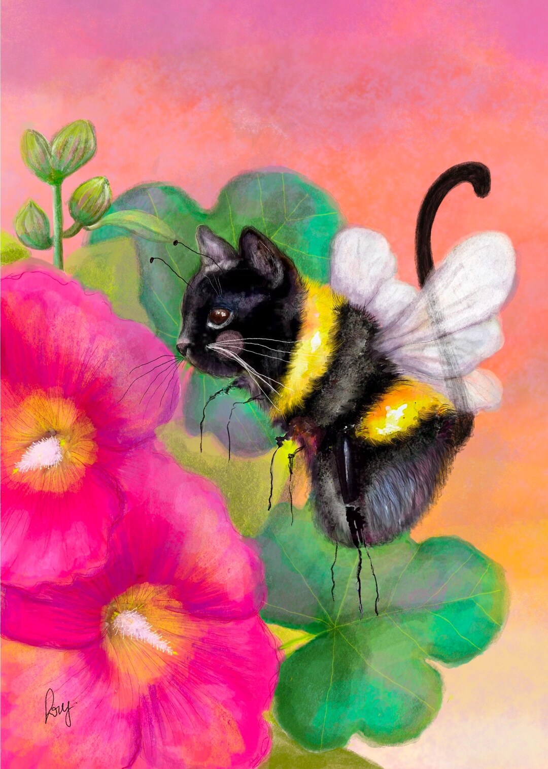 Cat Bee With Hollyhock Flowers in the Colourful Garden, Cute Bumble Bee ...