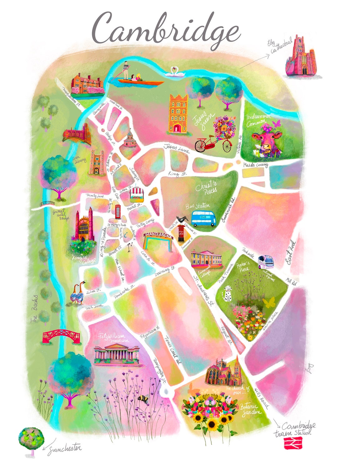 Cambridge Illustrated Map, Sweet Colourful Print, Art Wall Decor ...