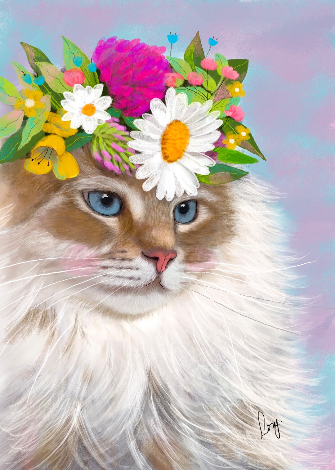 Posh Lady Sibirische Angorakatze Kunstdruck, zarte girly Katze mit ...