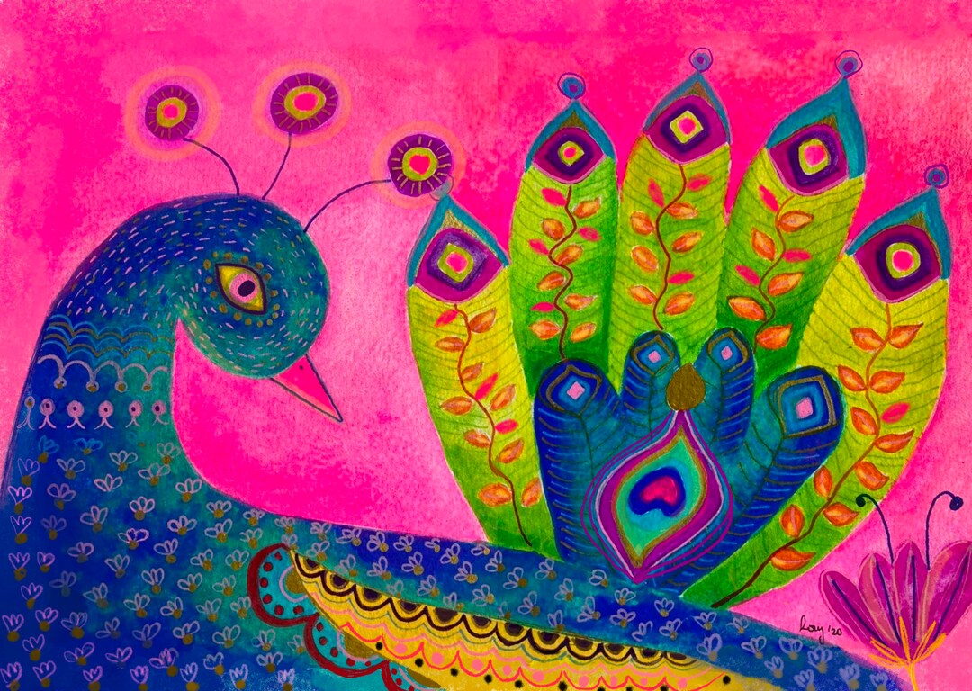 Colourful Print of a Hand Painted Royal Peacock Watercolour Vibrant ...