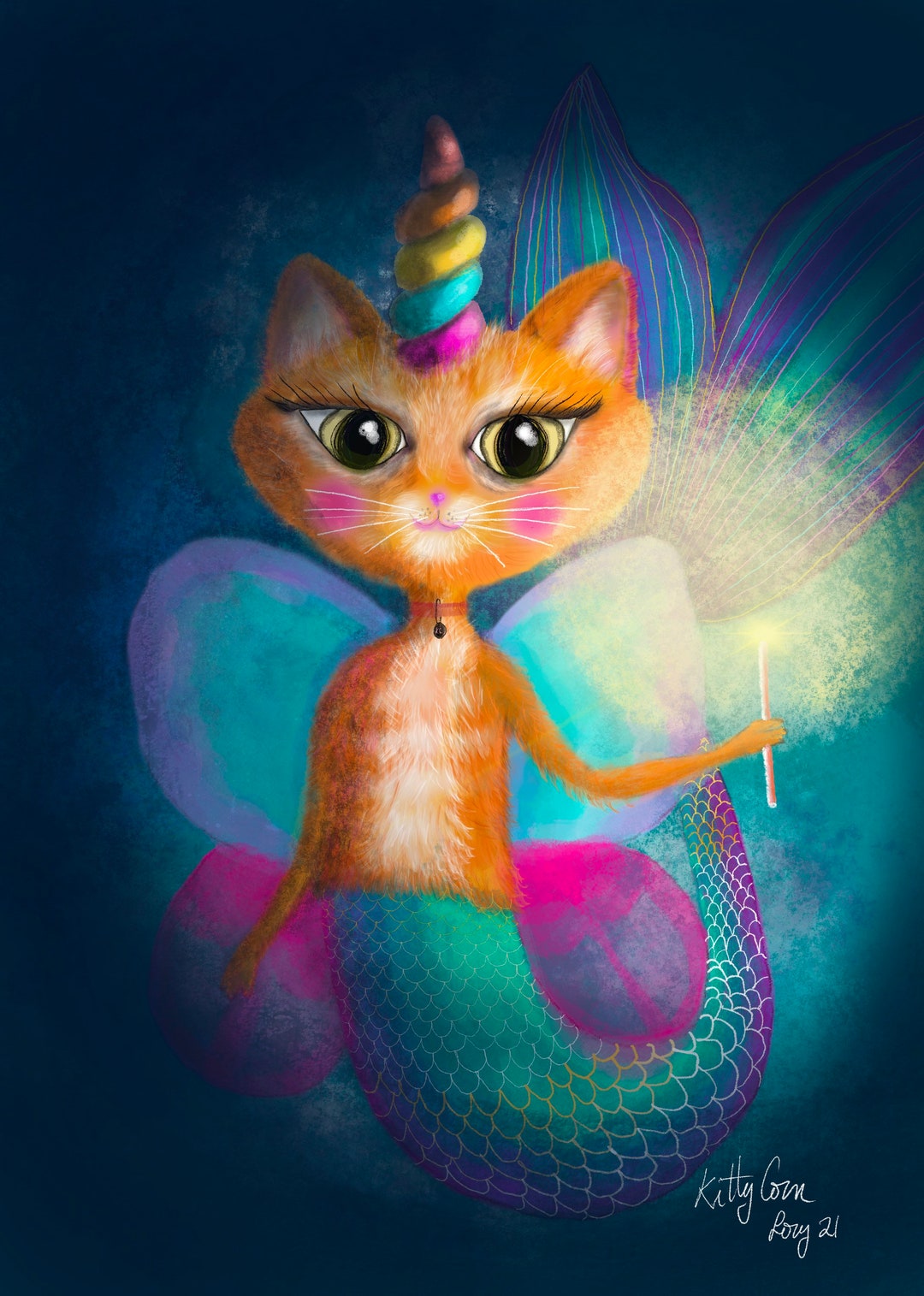 Kittycorn Mermaid Butterfly Fairy Cat Unicorn Mythical Illustration Art ...