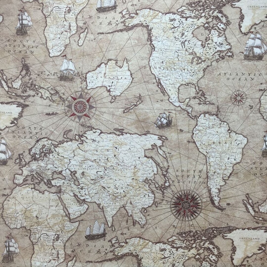 Vintage Map Atlas Print Design Premium Cotton Rich Linen Fabric Crafts ...