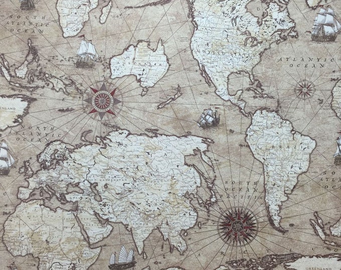 Vintage Map Atlas Print Design Premium Cotton Rich Linen Fabric Crafts ...