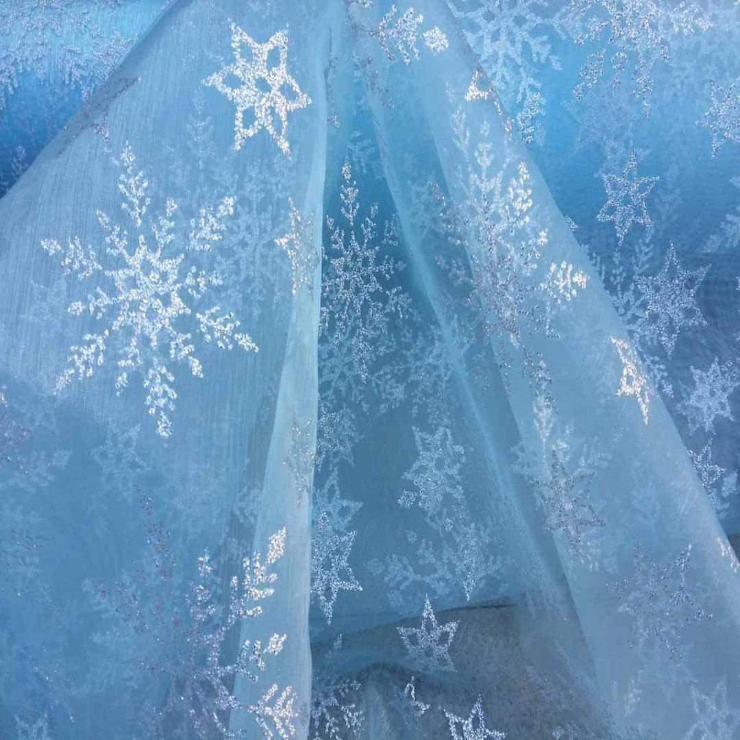 Frozen Disney Elsa Silver Glitter Snowflake on Blue Organza Cape Fabric ...