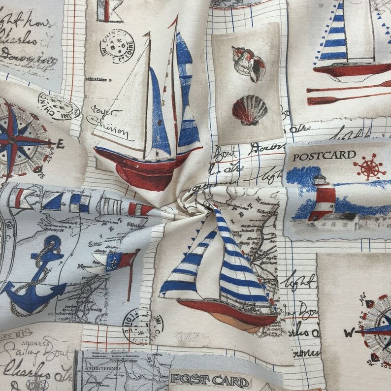 Nautical Ships Print Design Premium Cotton Rich Linen Fabric Crafts ...