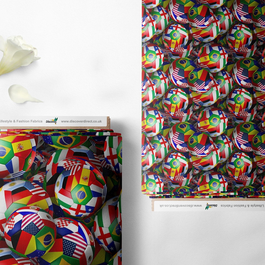 100% Cotton World Footballs Balls Flags Novelty Printed Design Quilting ...
