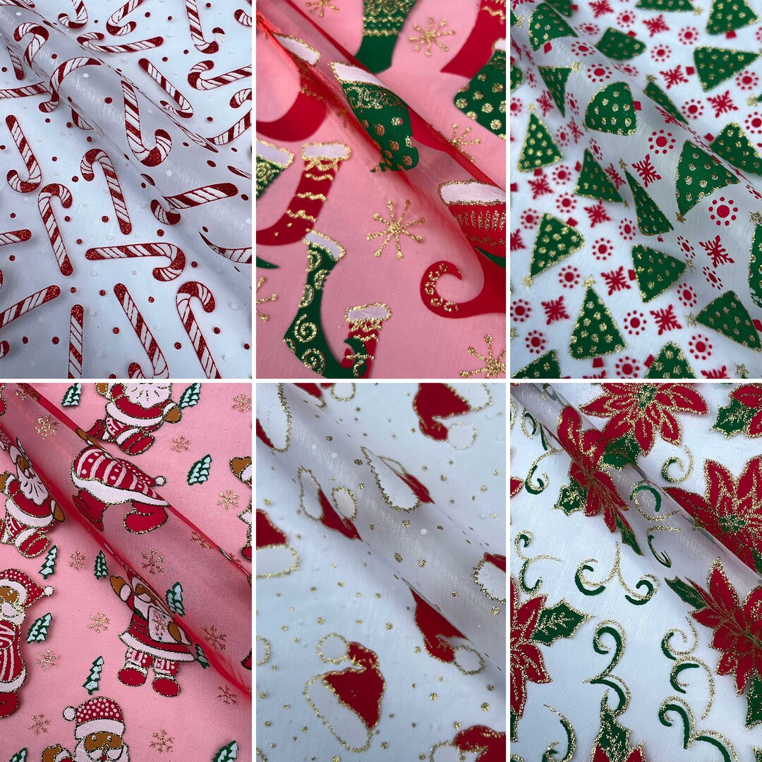 Organza Christmas Foil Fabric Festive Xmas Designs Patterned Festive ...