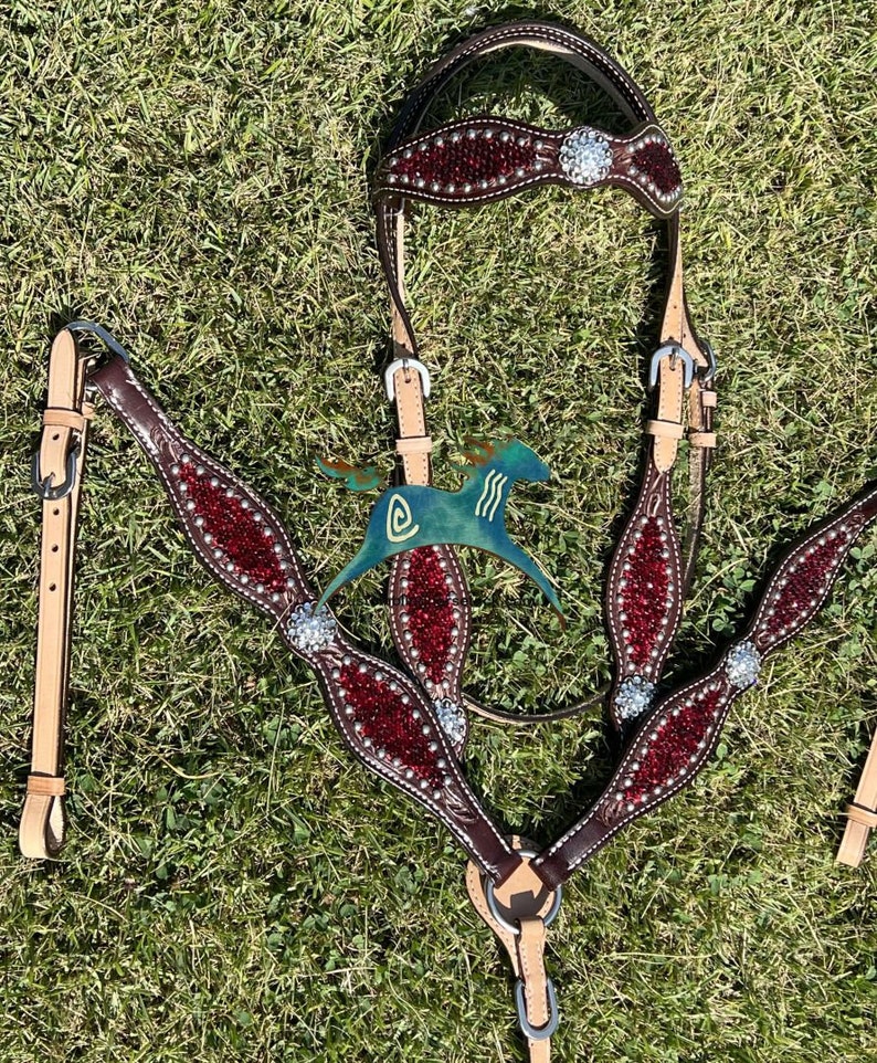 Ruby Red Crystal Horse Bridle & Breast Collar Set: Western Show Leather ...