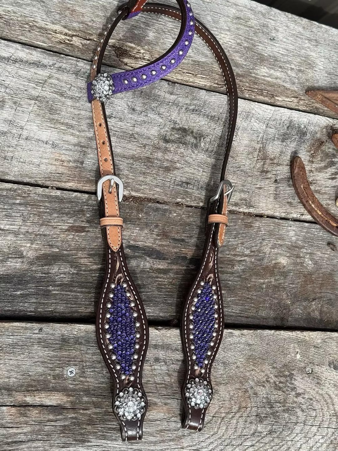 Western Scalloped One Ear Purple Rhinestone Crystal Bling Headstall ...