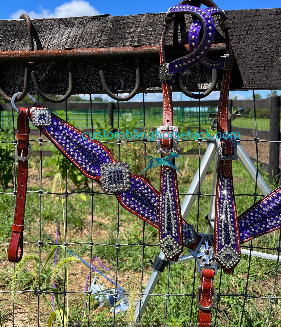 Purple Two Ear Crystal Bridle Breast Collar Tack Set ~ Western Horse ...