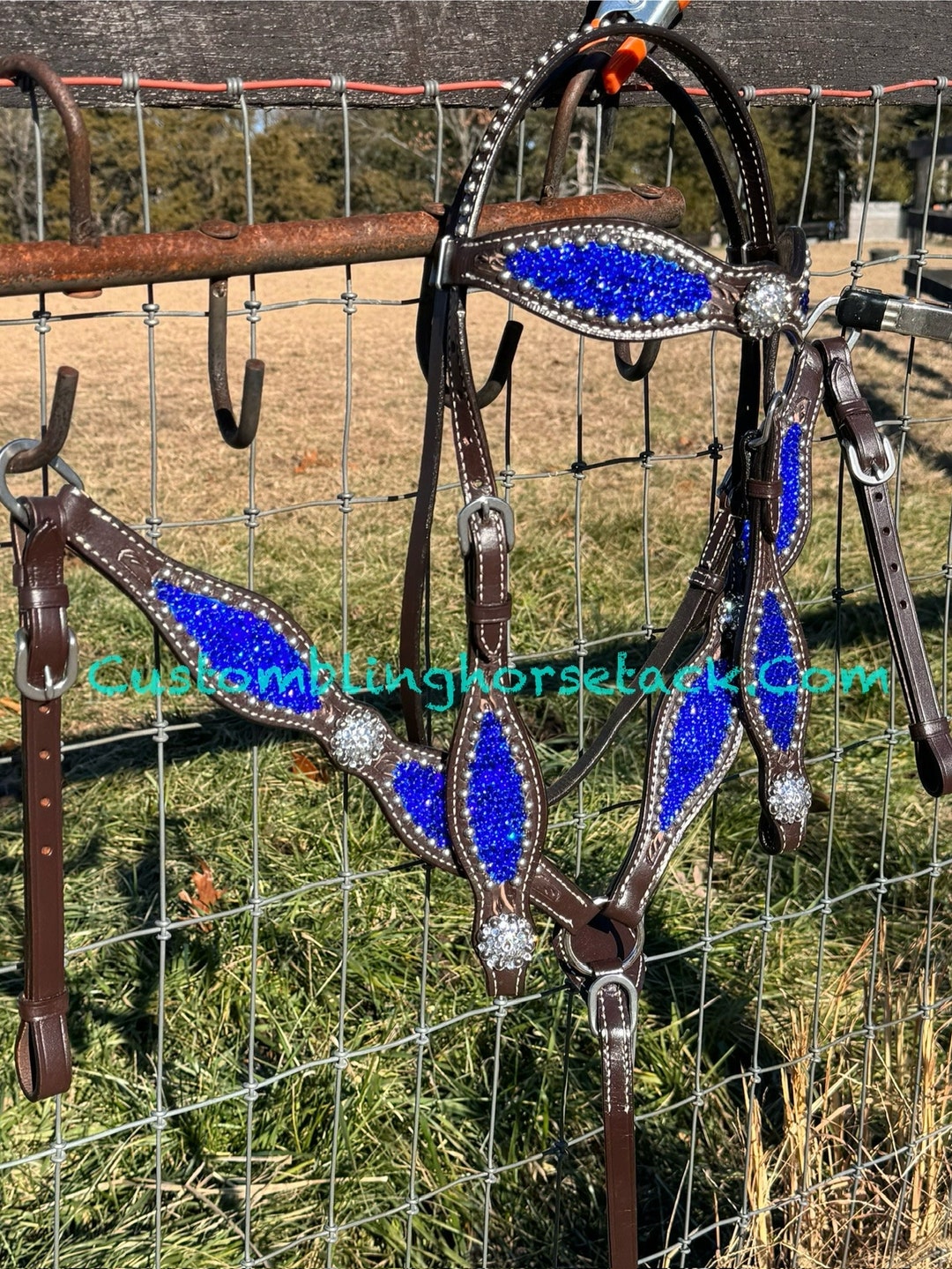 Dark Brown Leather Sapphire Royal Blue Crystal Bridle Breast Collar Set ...