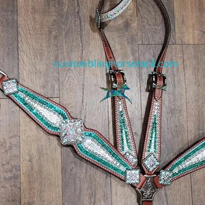 Turquoise & Clear Crystal Bridle Breast Collar Set Western Horse Show ...