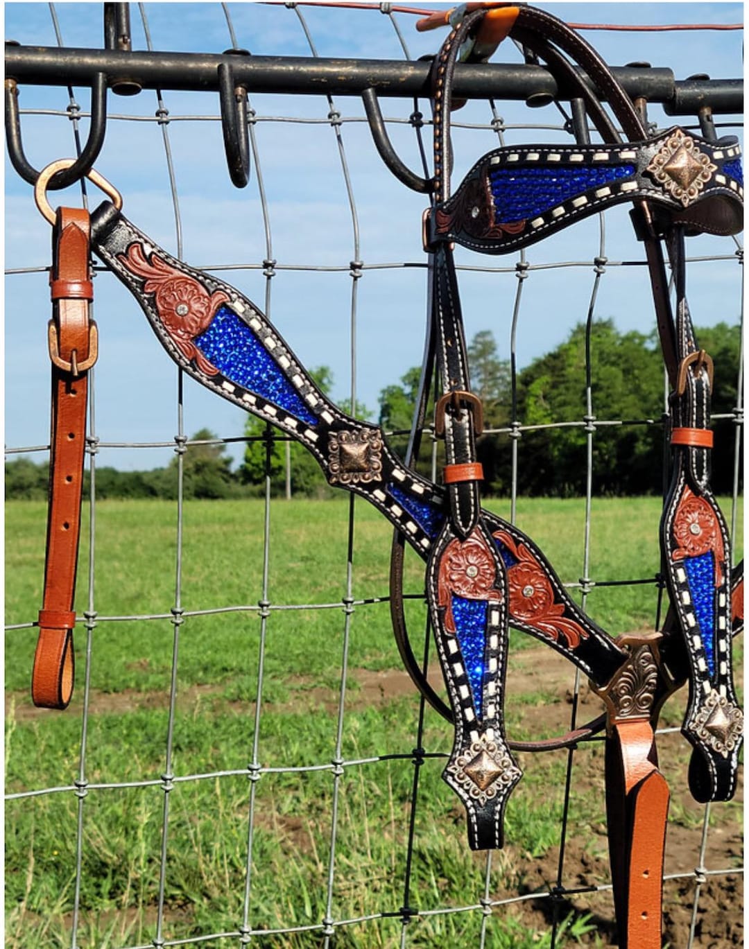 Sapphire Royal Blue Crystal Inlay Western Horse Buckstitch Bridle ...