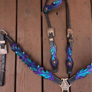 Teal & Purple Scalloped Leather Western Bridle Breast Collar Tack Set ...