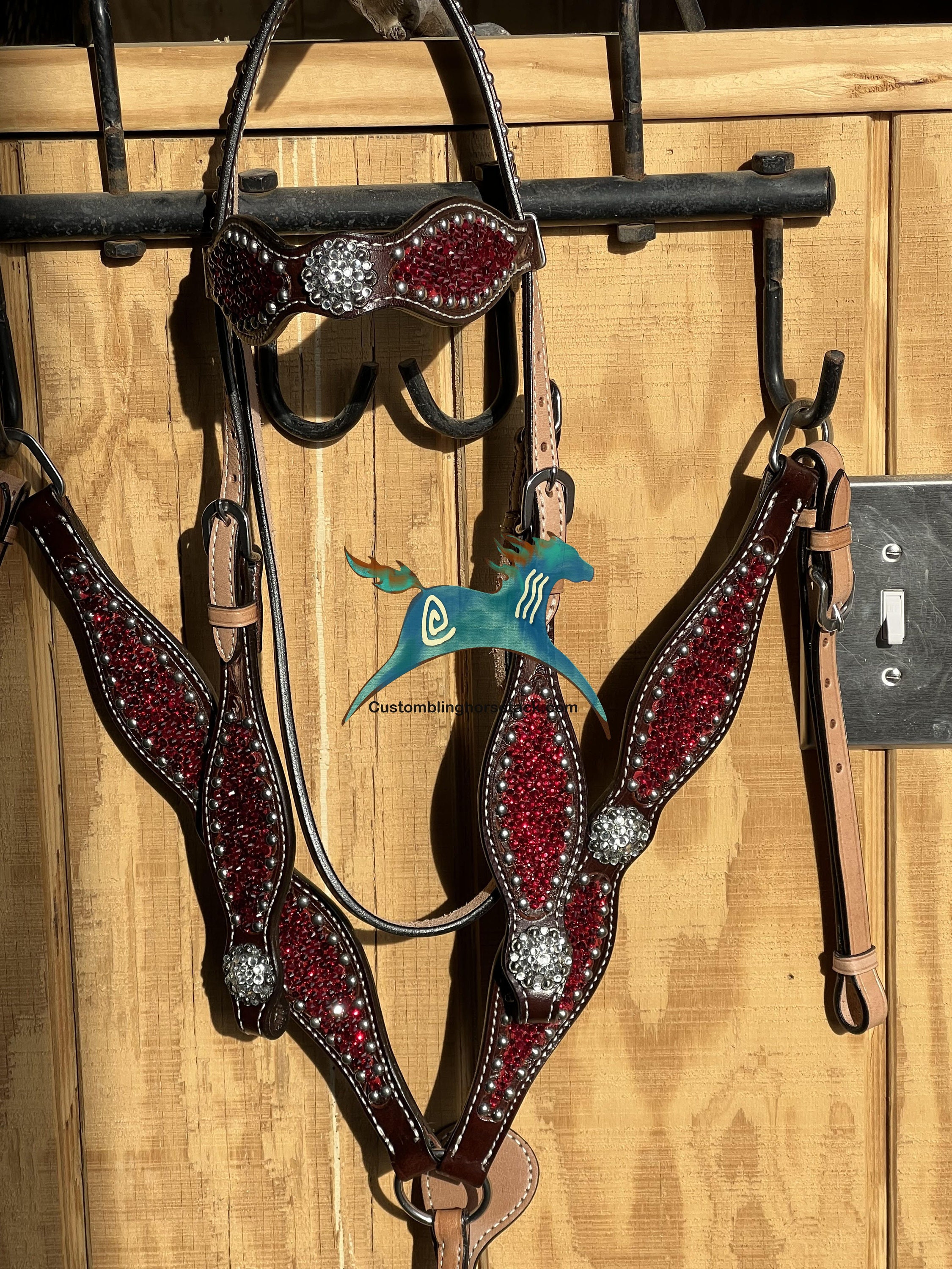 Ruby Red Crystal Horse Bridle & Breast Collar Set: Western Show Leather ...