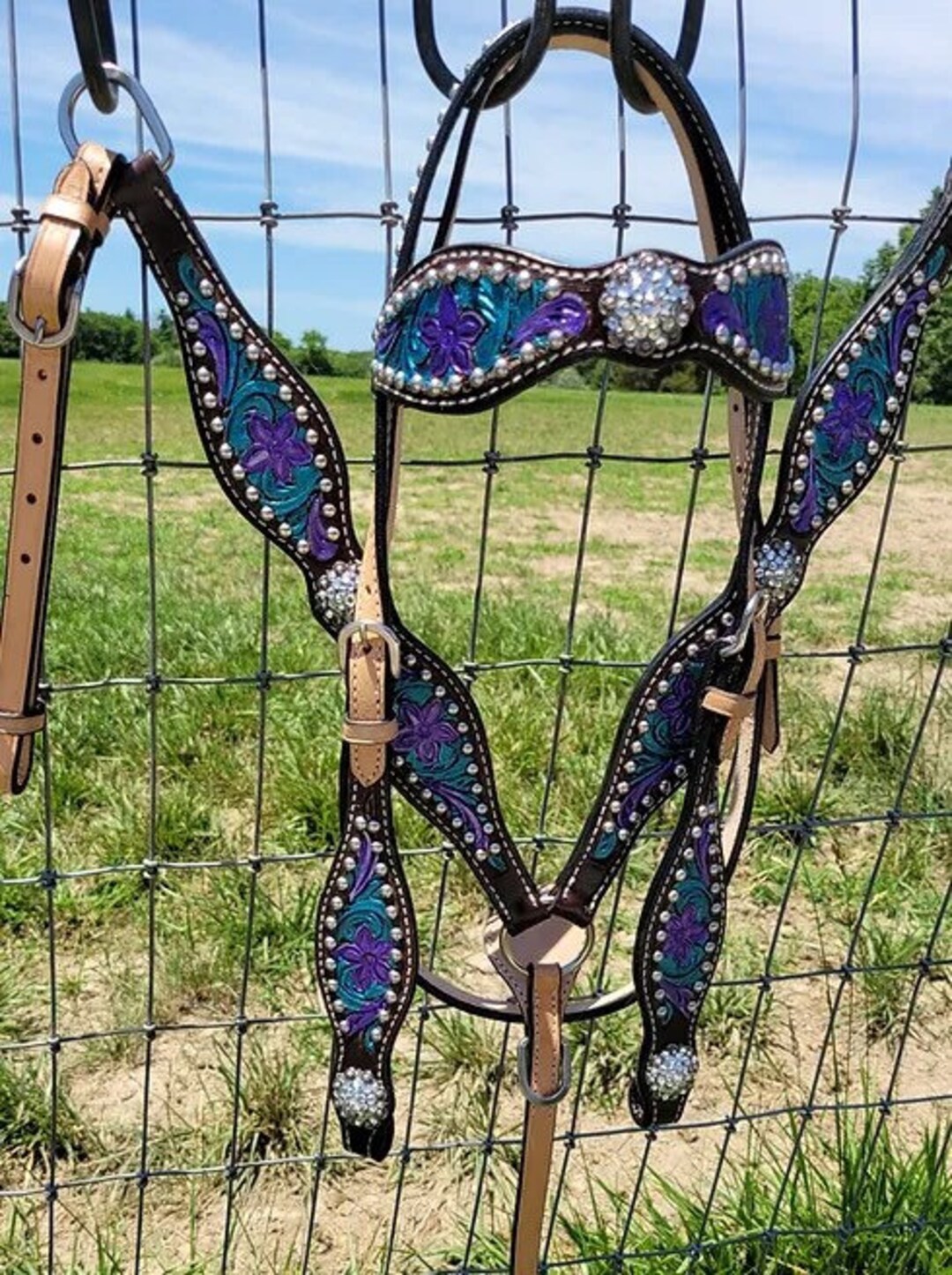 Teal & Purple Tooled Bridle Breast Collar Set Western Horse Show Trail ...