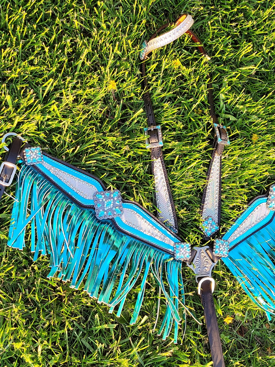 Black Leather W Turquoise Bridle Breast Collar Set Fringe - Etsy