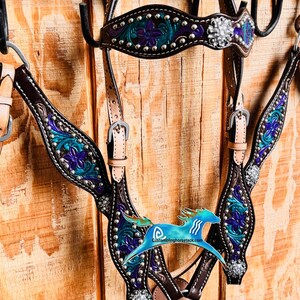 Teal & Purple Tooled Bridle Breast Collar Set ~ Western Horse Show ...