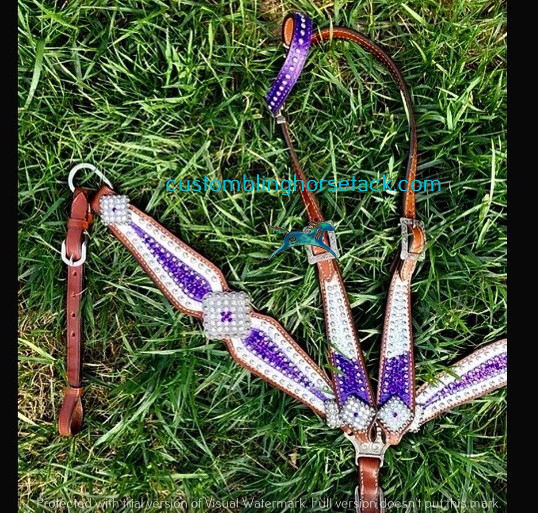 Purple & White Clear Crystal Bridle Breast Collar Sparkly Tack Set ...