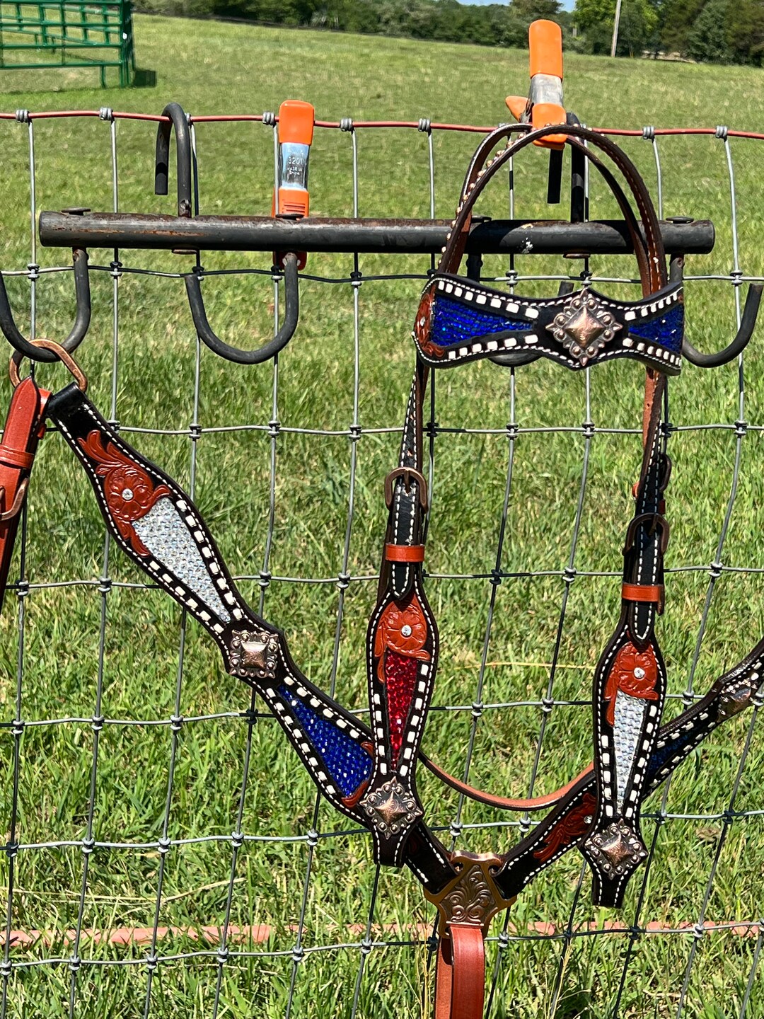 Red White & Blue Patriotic Crystal Buck Stitch Bridle Breastcollar Set ...