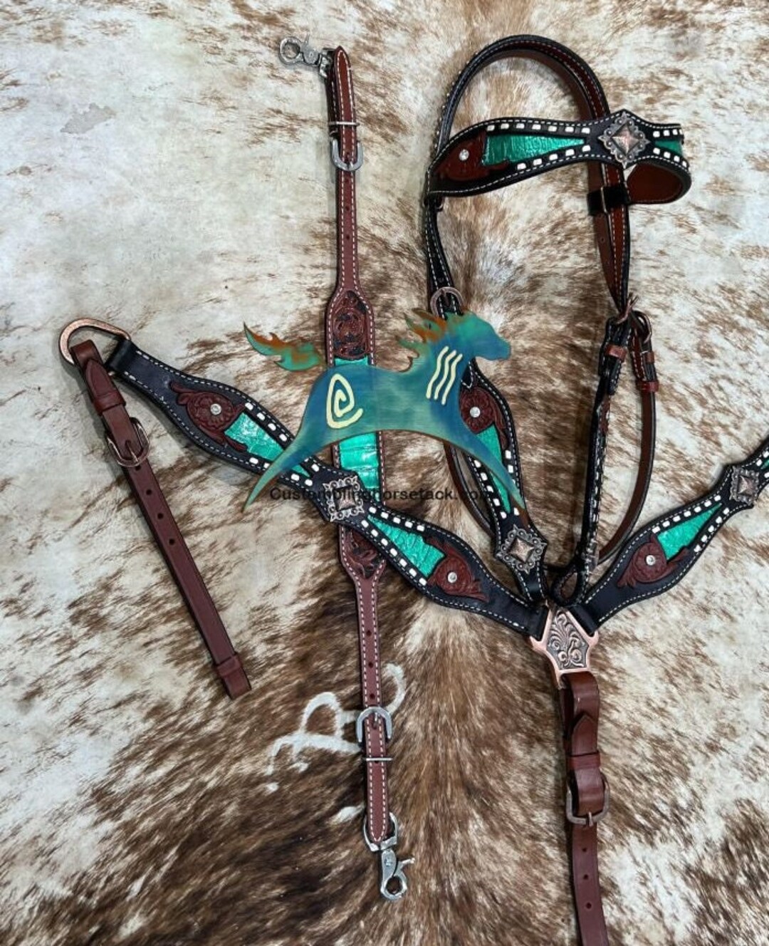 Metallic Green Alligator Inlay W White Buckstitch Leather Bridle Breast ...