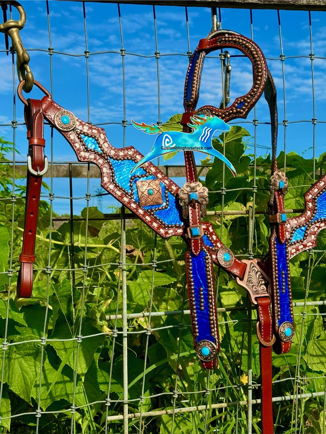 Royal Sapphire Blue Alligator Inlay W Buckstitch Bridle Breast Collar ...