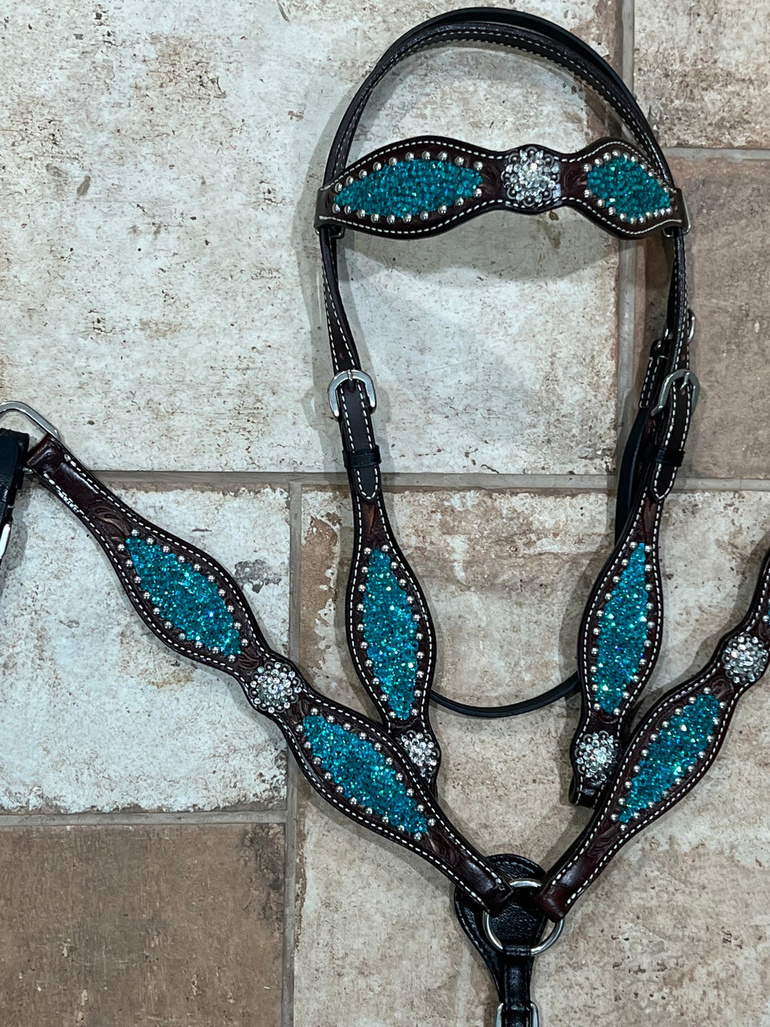 2 Tone Bright Turquoise Crystal Bling Bridle Breast Collar Set Black ...