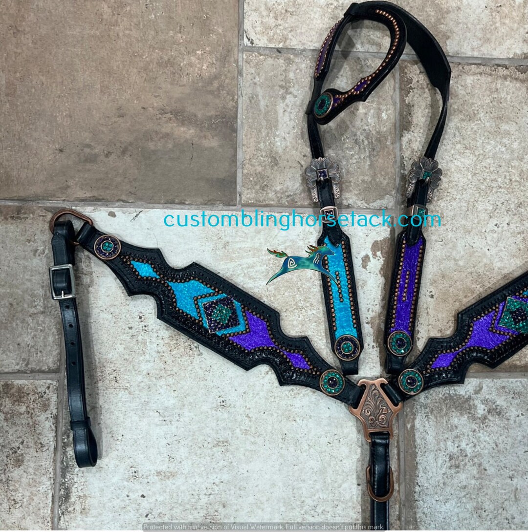 Black Leather Teal & Purple Inlay W Crystal Conchos Buckstitch Bridle ...