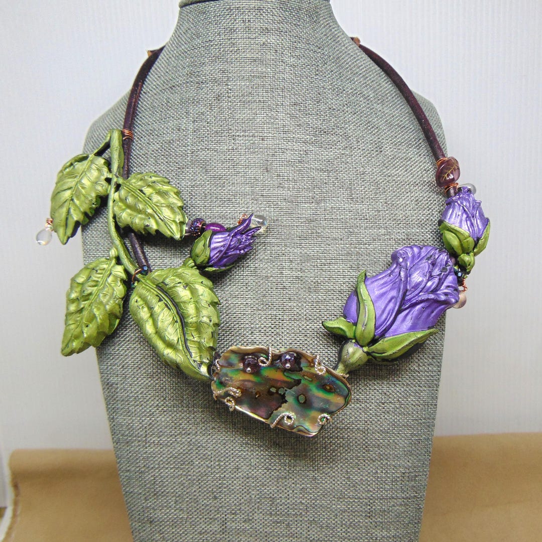 Hand Painted Sculpted Black Apoxie Clay W Paua Shell on Leather N ...