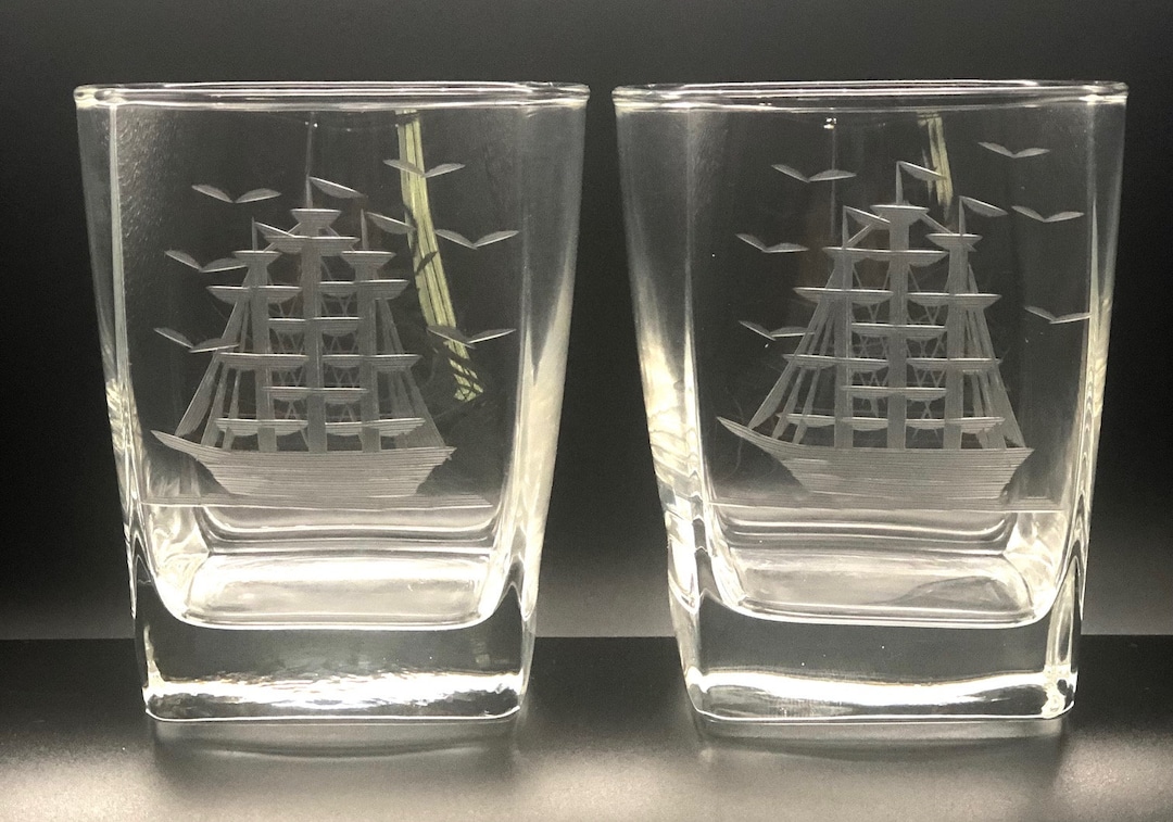 4 Piece Set, 13 Oz. Square DOF Hand Cut Clipper Ship Engraved With ...