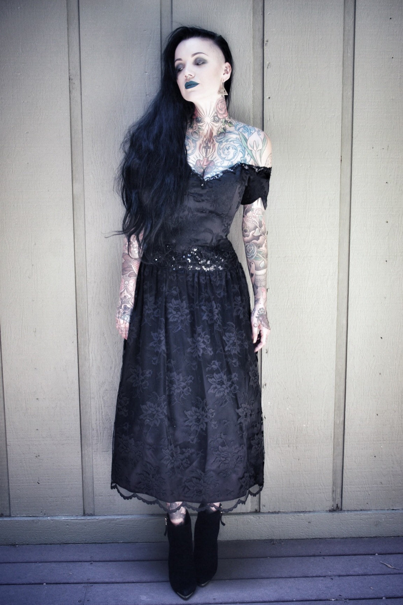 Off the shoulder vintage black lace goth sequin ball gown midi | Etsy