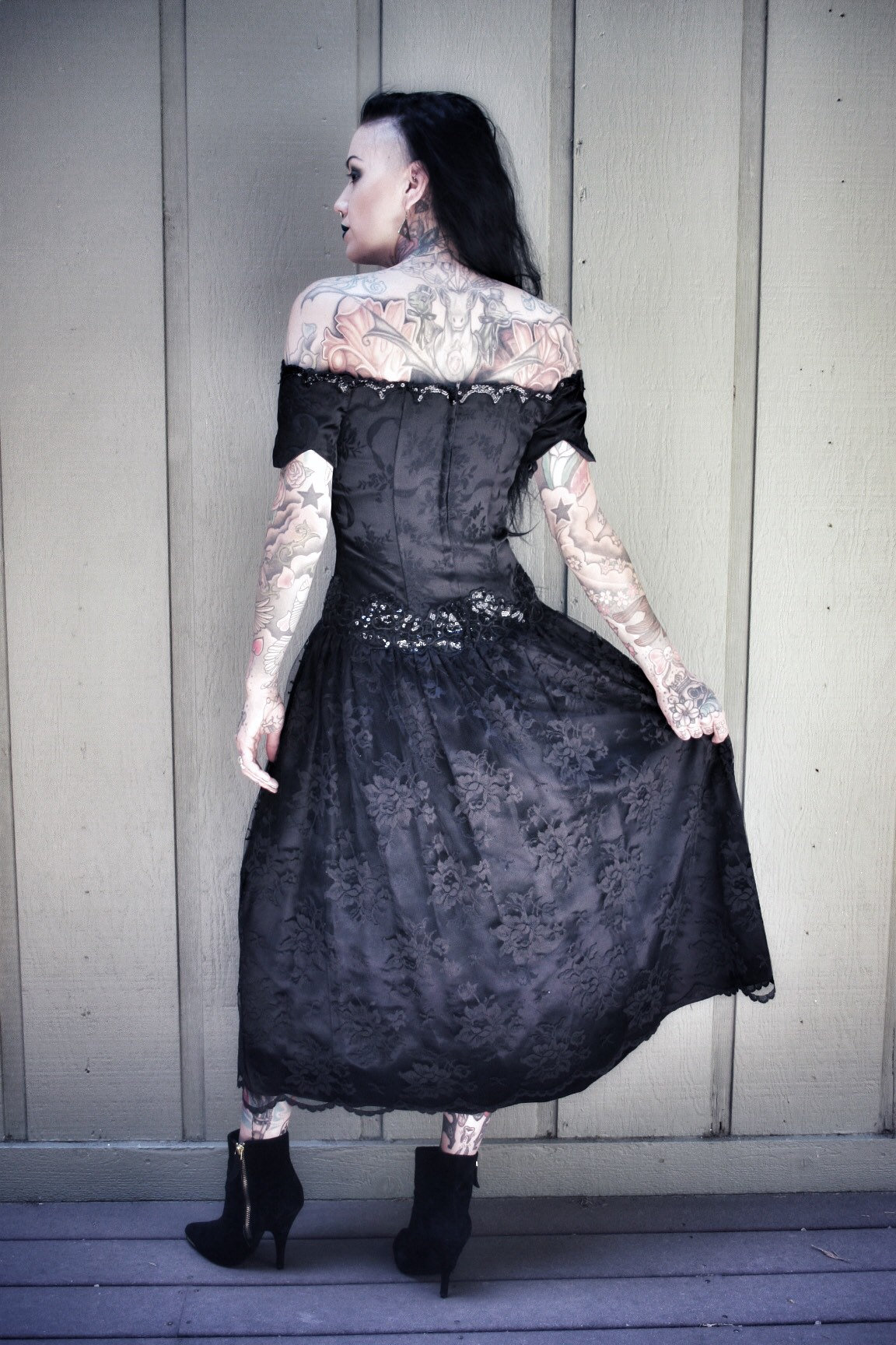 Off the shoulder vintage black lace goth sequin ball gown midi | Etsy