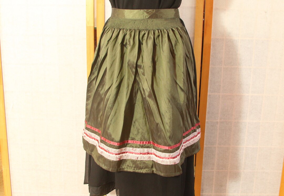 Vintage Satin Smocked Hostess Half Apron Moss Green, Roses, Floral ...