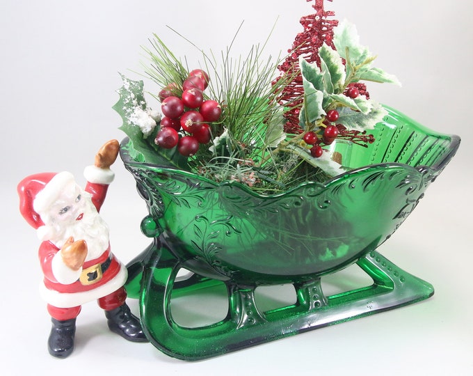 Green Moss Glass Santa Sleigh Christmas Dish Holiday Decoration - Etsy