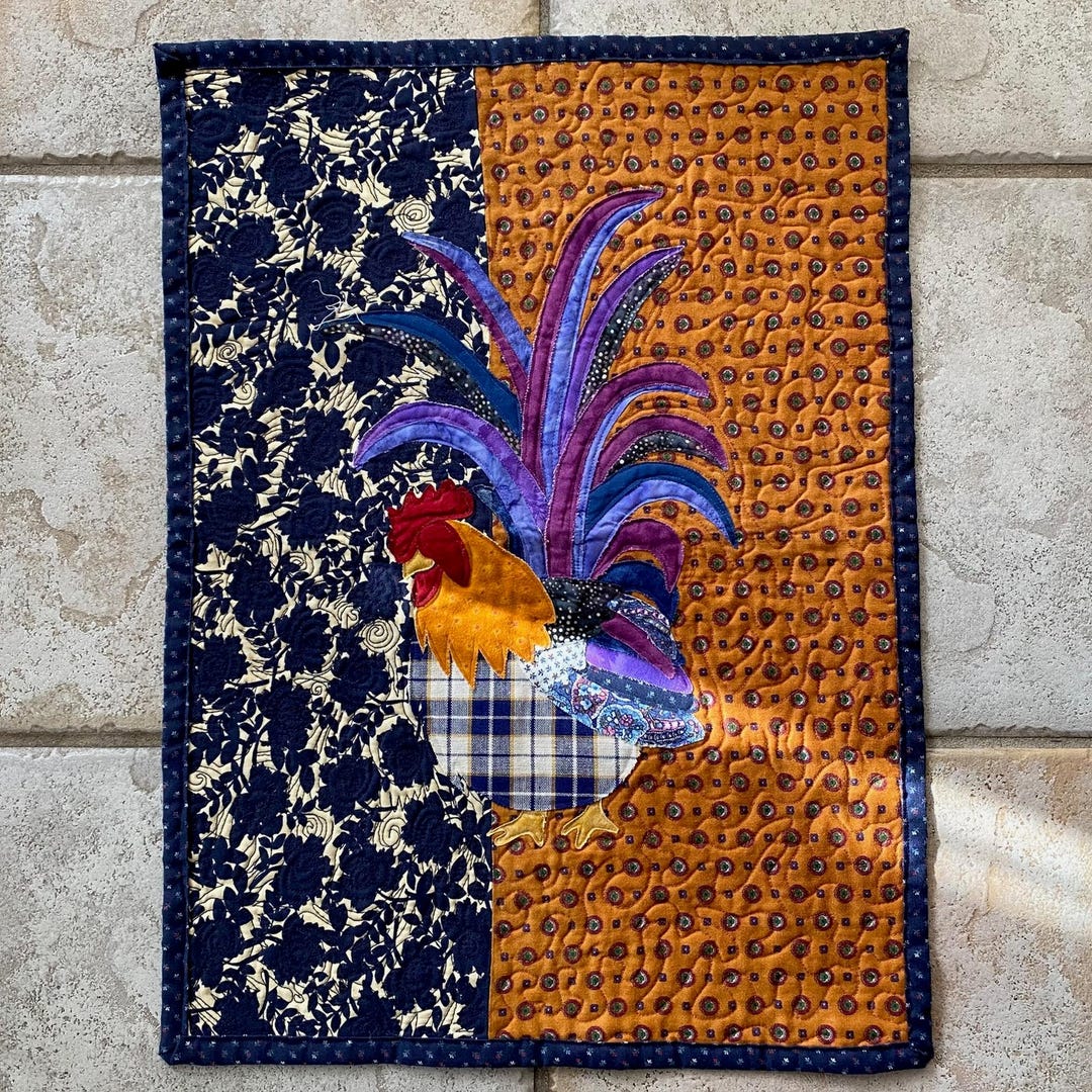 Vintage Handmade Radical Rooster Chicken Art Quilt Wall Hanging 15 X 21 ...