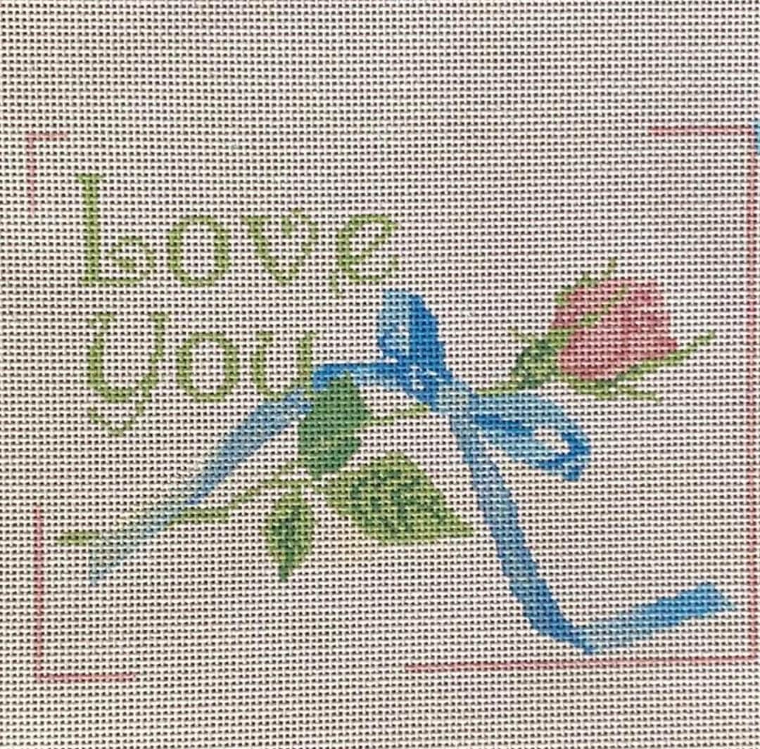 Vintage DIY Needlepoint Love You Rose Cotton Canvas 13 Blue Bow 1980s ...